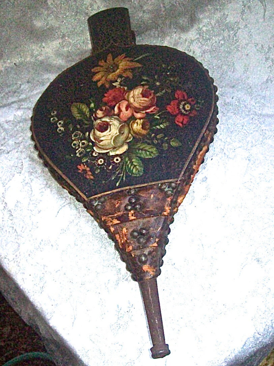 Ornate Antique W'ood and Studded Leather FIREPLACE BILLOWS With Hand ...