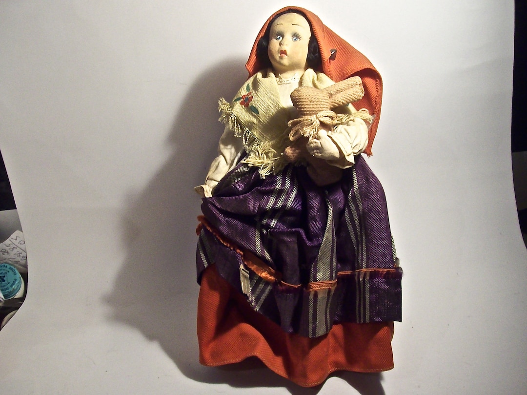 Vintage ITALIAN Marche Native Costume Female Fabric DOLL With Her Pet ...