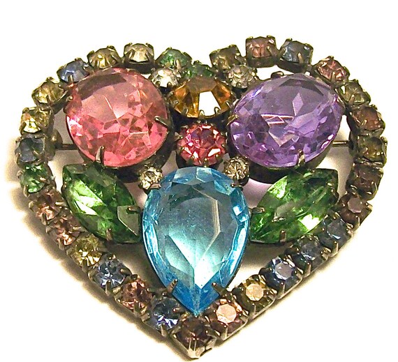 Large Vintage Multi-Color HEART_SHAPED RHINESTONE Pin… - Gem