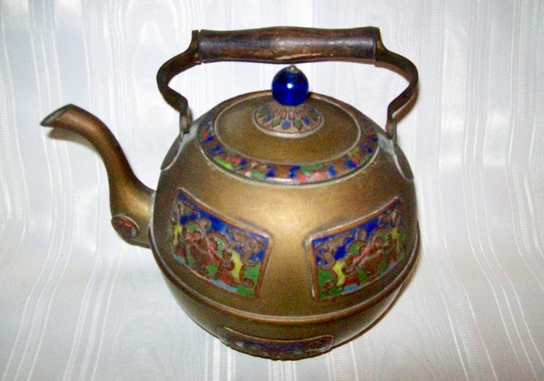 Ornate Antique Chinese Zinc-lined Brass TEAPOT With ENAMELED Panels and ...