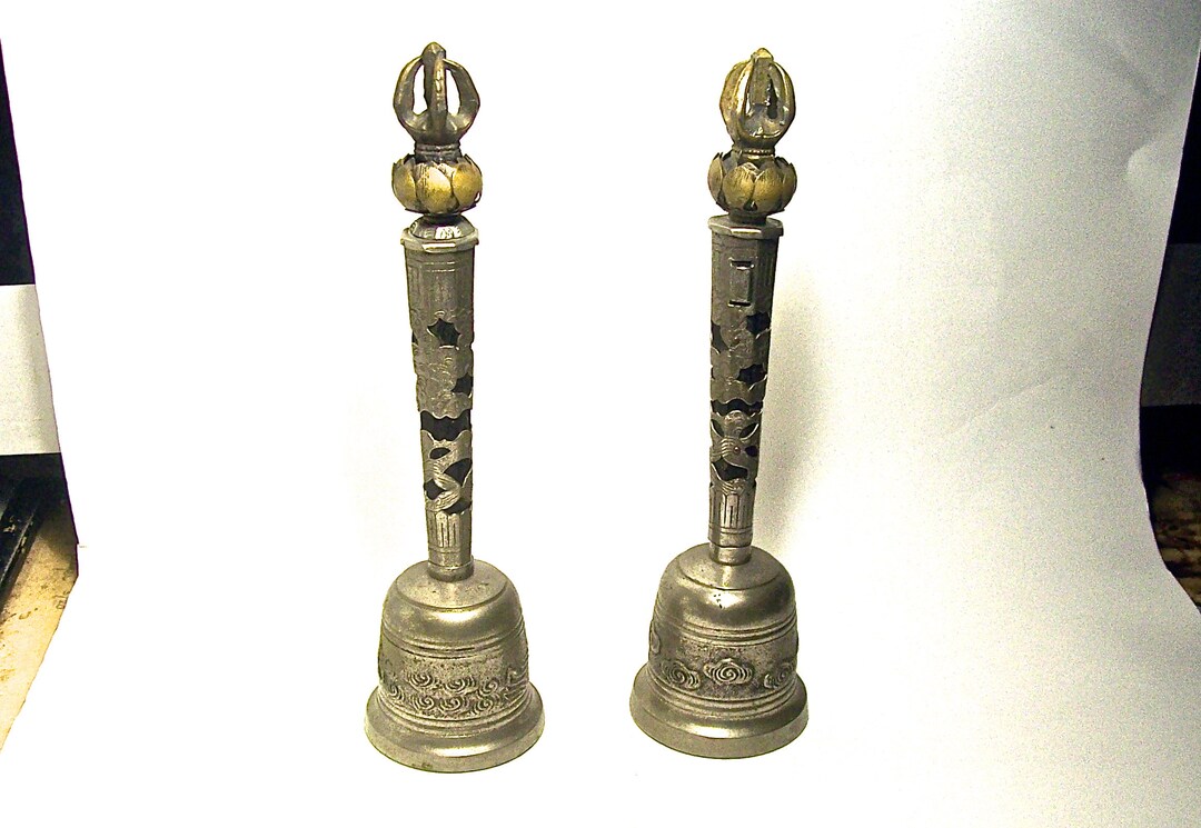 Pair of Ornate TIBETAN PRAYER / Meditation BELLS Made of Wood, Brass ...
