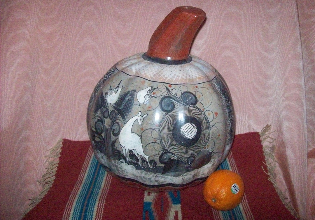 Large Tonala Mexican Pottery Ceramic PUMPKIN Gourd Profusely Hand ...