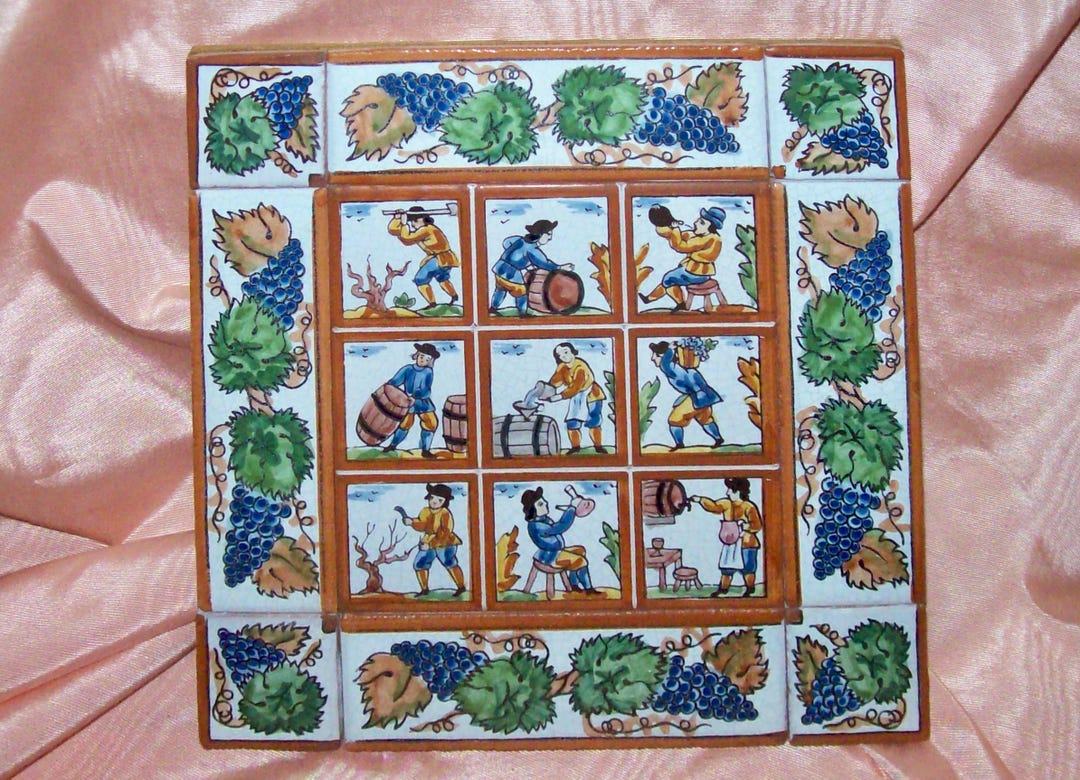 Small 9 3/4" Square Spanish CERAMIC Tiles MURAL Picture Wall Hanging - Peasant Making a Barrel ...