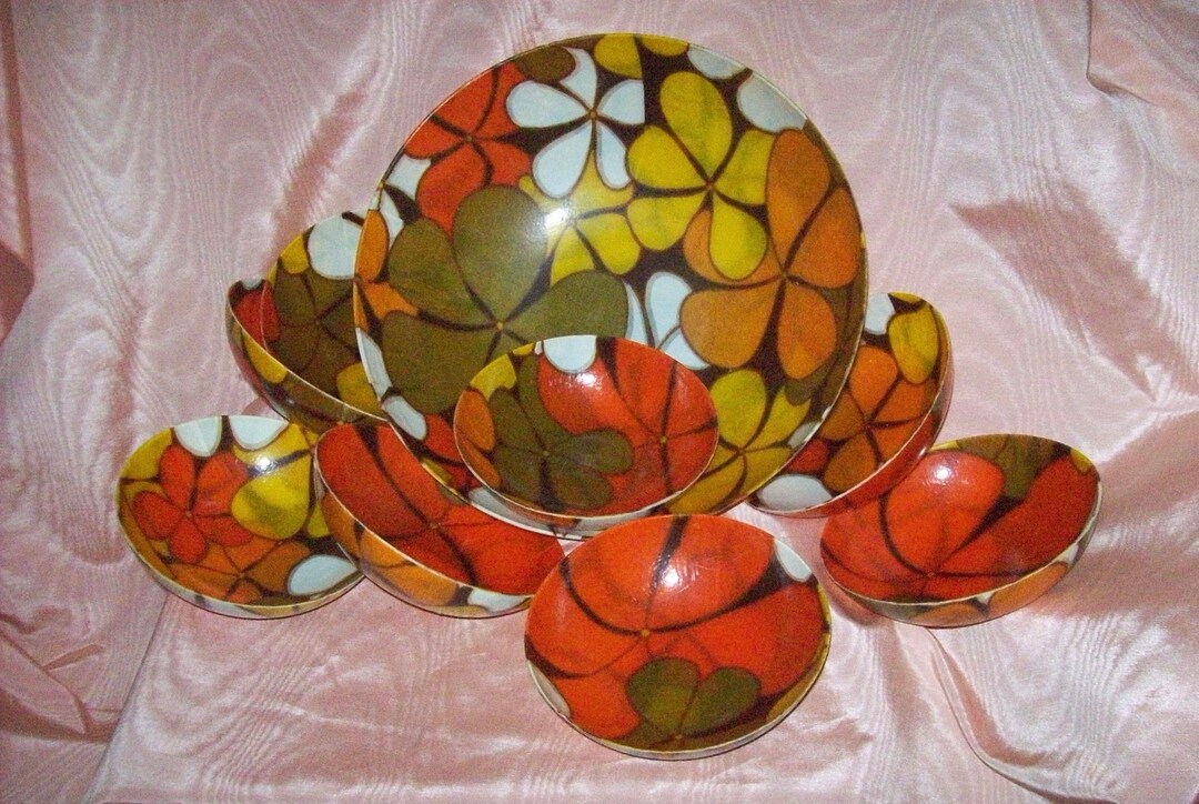 MCM Circa 1960's Colorful Flower Power Fiberglass 9 Pcs. SALAD BOWLS ...