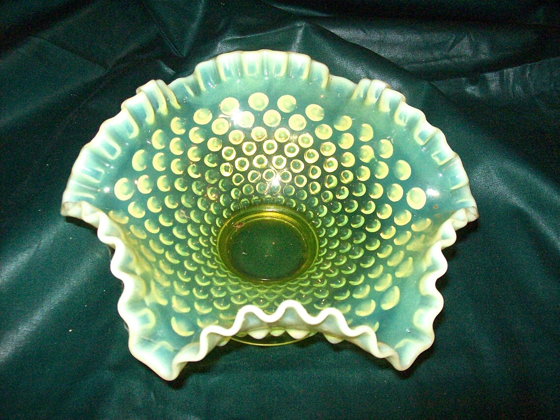 Fenton VASELINE Glass HOBNAIL OPALESCENT Crimped Ruffle Rim | Etsy