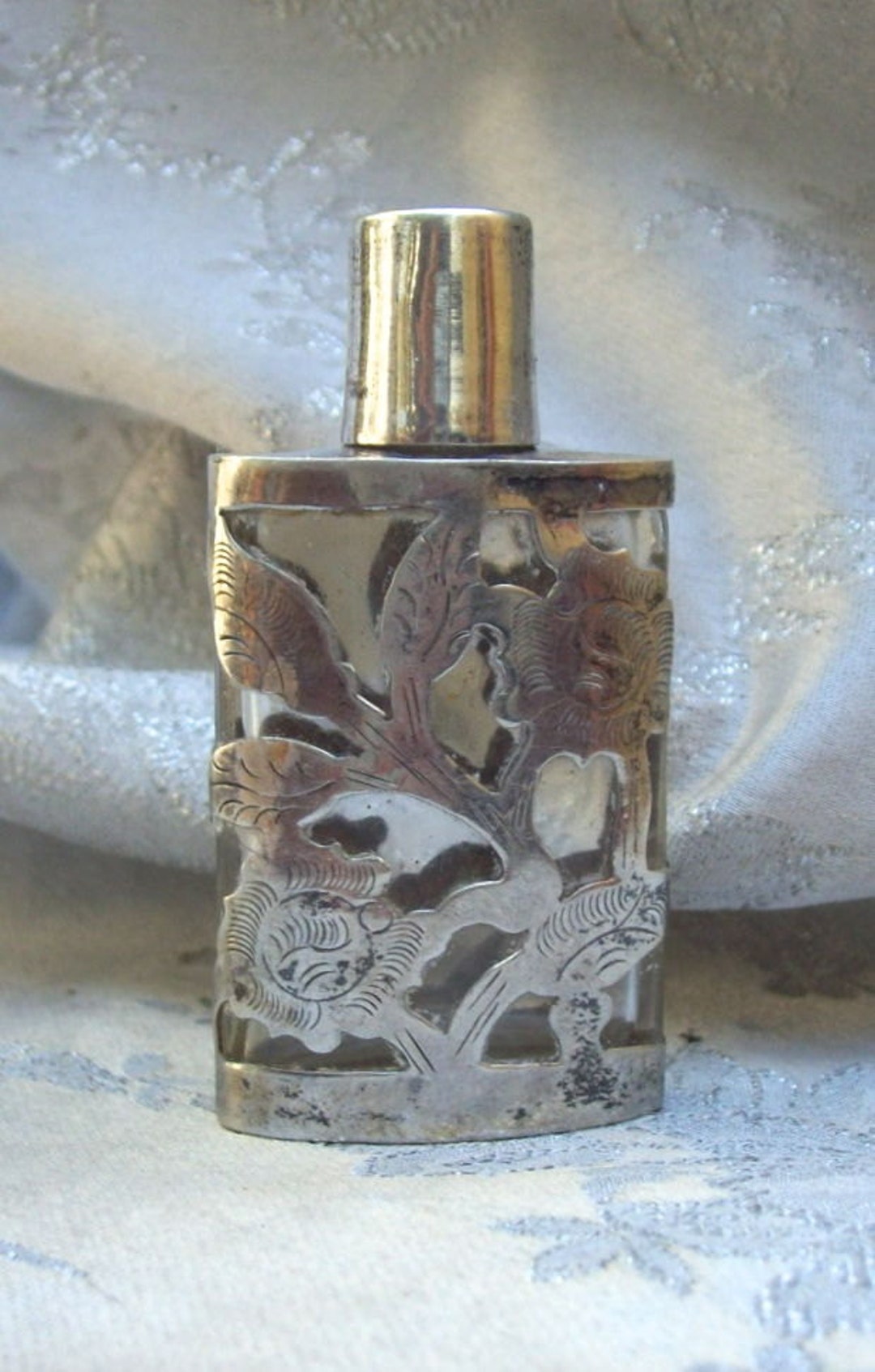 Vintage STERLING SILVER Floral Pattern Over Glass Perfume/scent BOTTLE ...