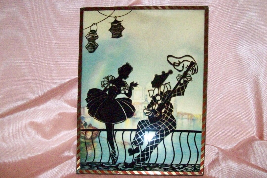 Circa 1930's Silhouette Venetian MASQUERADE Party on Convex Glass Framed Picture - Tres Gay! - Etsy