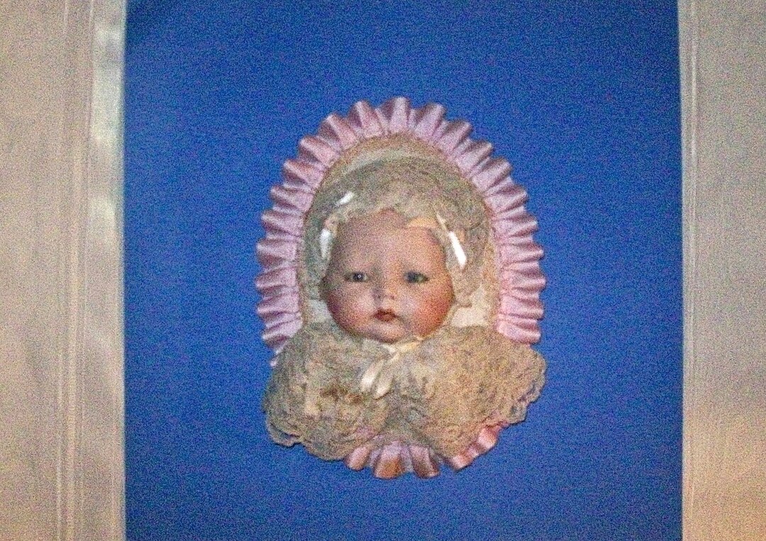 Unique Vintage Bisque BABY DOLL HEAD With Blue Glass Eyes Dressed in ...
