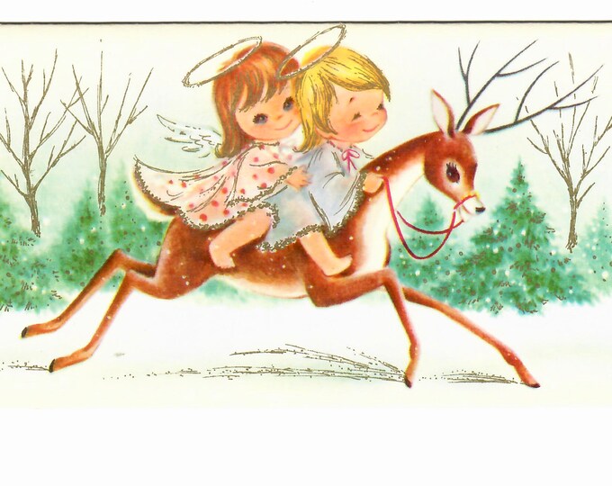 Vintage UNUSED MCM Angels With Halos Wings Ride Reindeer in Snowy Woods ...