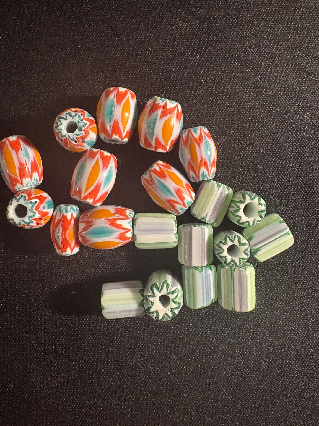 20 Chevrons Striped Glass Beads - Green Orange -10-16mm Fancy Vintage ...