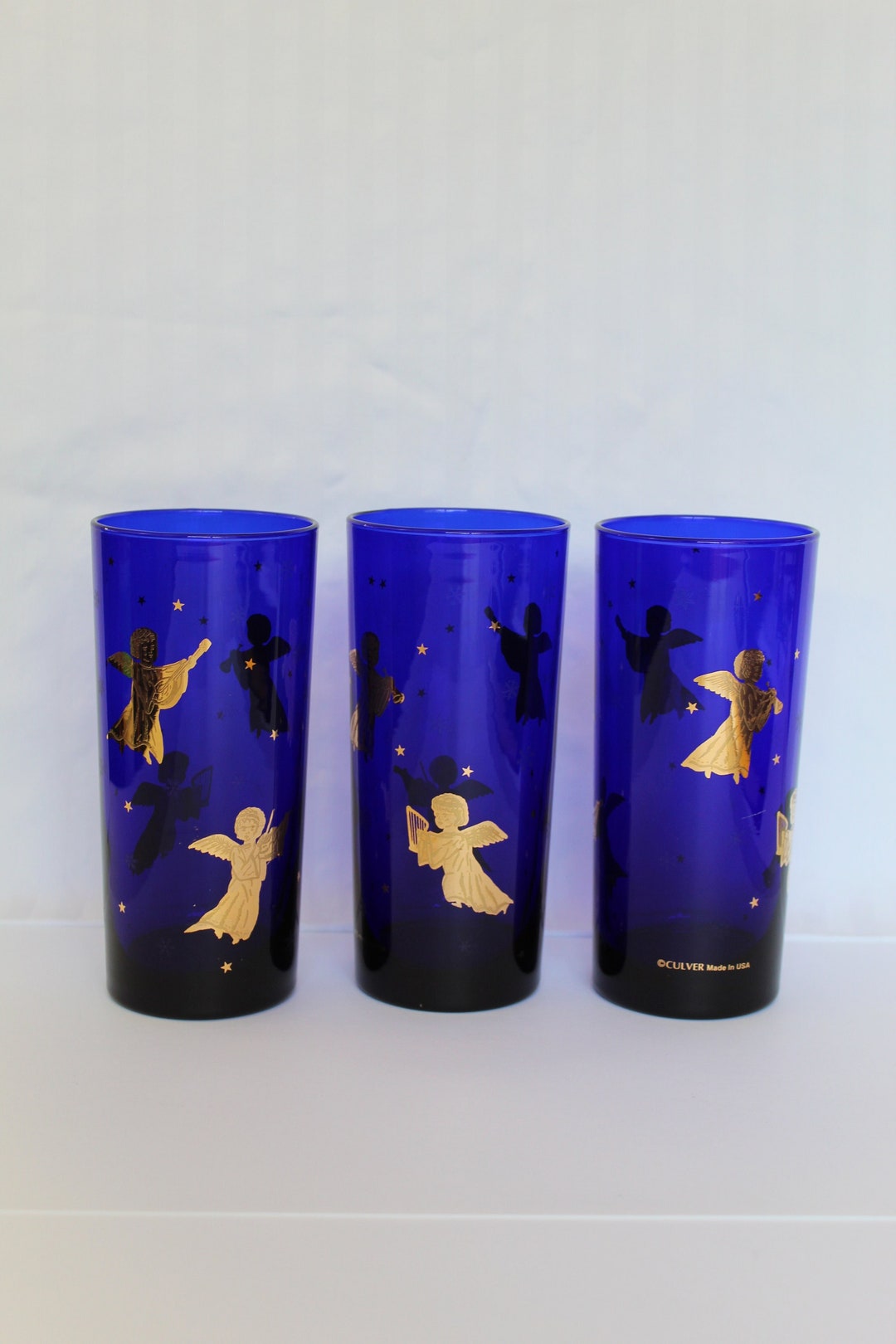 3 Vintage Culver Angel & Stars Tall Glass Drink Glasses 22K Gold Trim ...