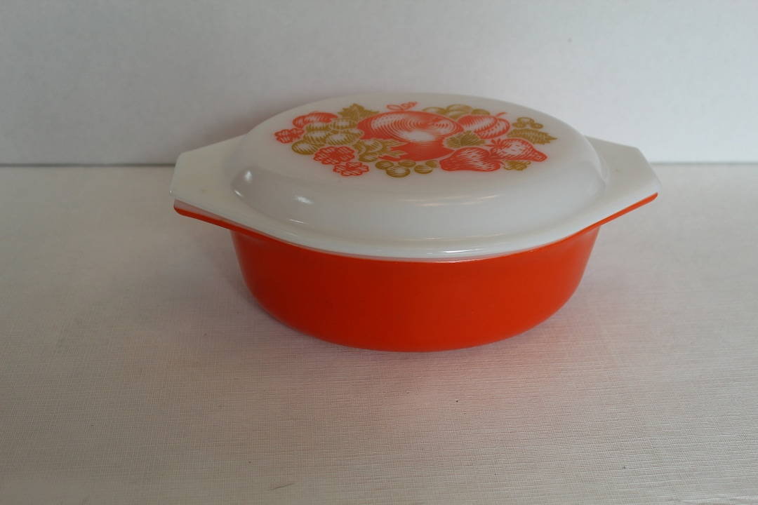 Vintage Pyrex Orange Fiesta Casserole Decorated Lid Fruit and Flowers ...