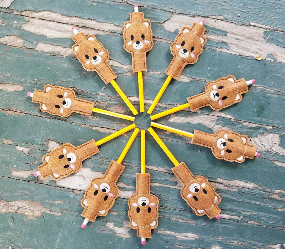 Pencil Topper , Embroidered Teddy Bear Face , Felt Bear Pencil Topper ...