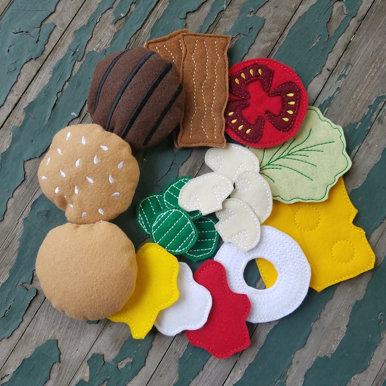 Play Food , Felt Food , Cheeseburger Play Set , Smiley Bun , Cheese ...