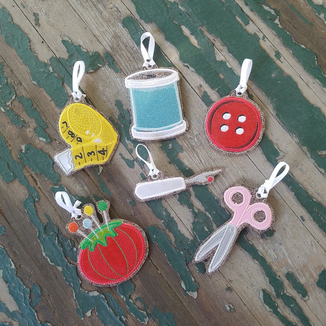 Embroidered Sewing Notions Ornament: Vinyl Button, Spool, Scissors - Etsy