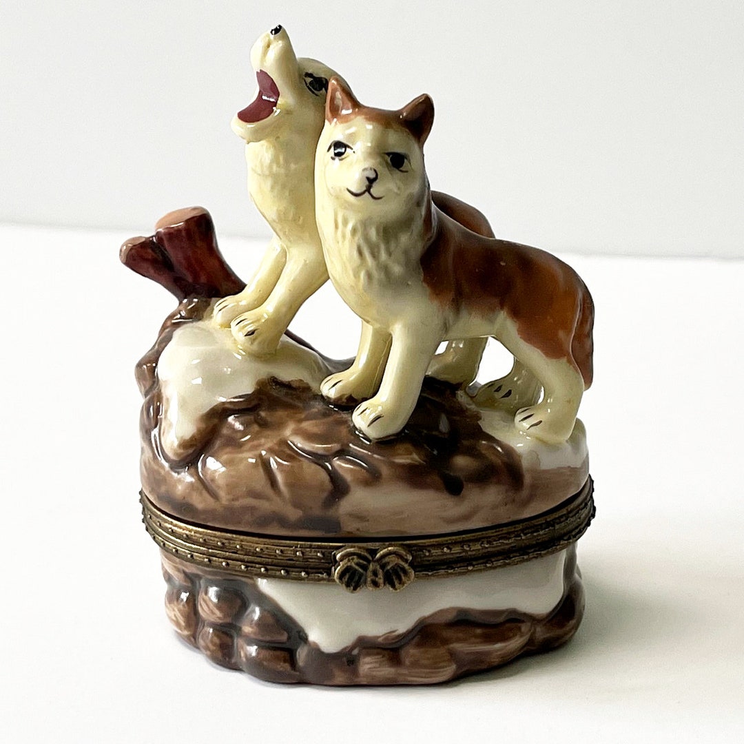 Vintage Wolf Pair Porcelain Trinket Holder Jewelry Dish Hinged Lid - Etsy