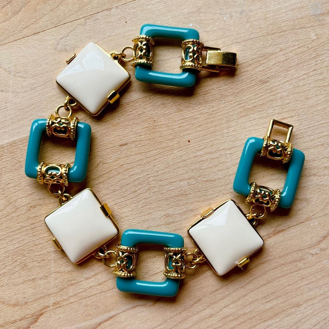 Vintage Joan Rivers Chunky Aqua and Off-white Plastic Panel Bracelet ...