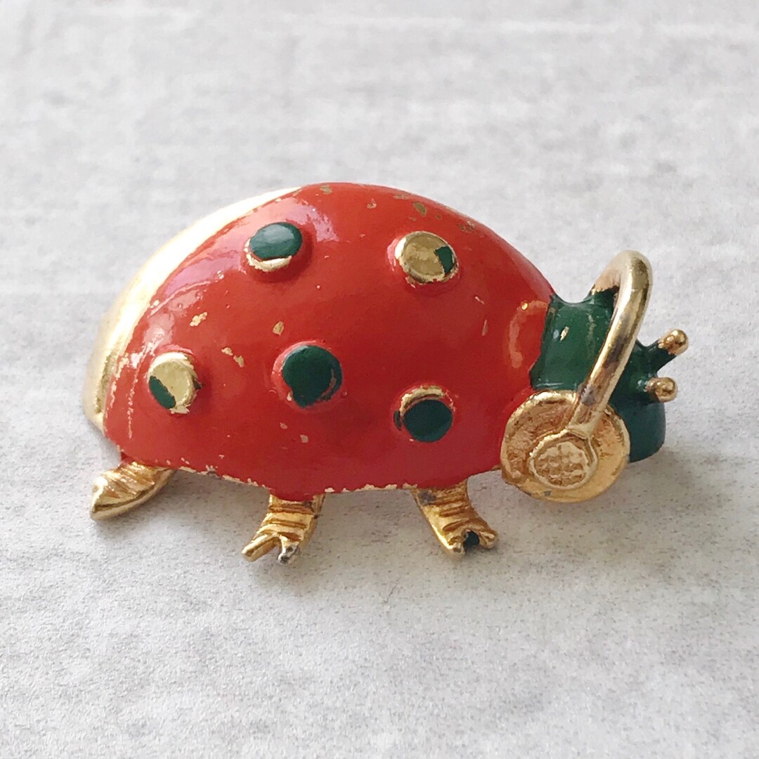 Vintage Orange and Green Enamel Ladybug Brooch With Headphones, Orange ...