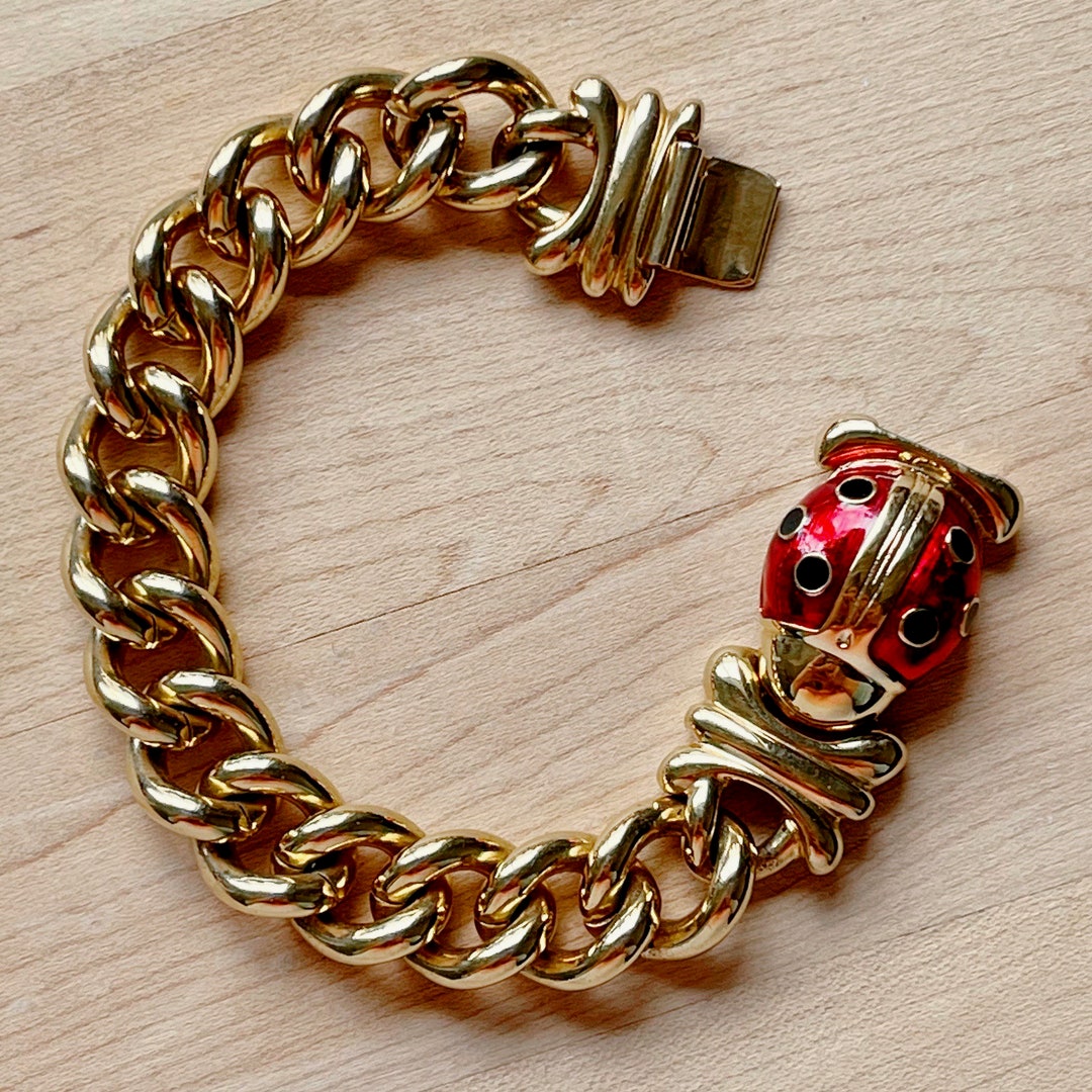 Vintage Joan Rivers Gold Tone Red Ladybug Chain Link Bracelet, Chunky ...
