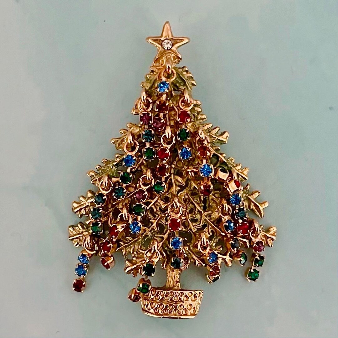 Vintage Dangling Rhinestone Christmas Tree Brooch, Christmas Brooch ...