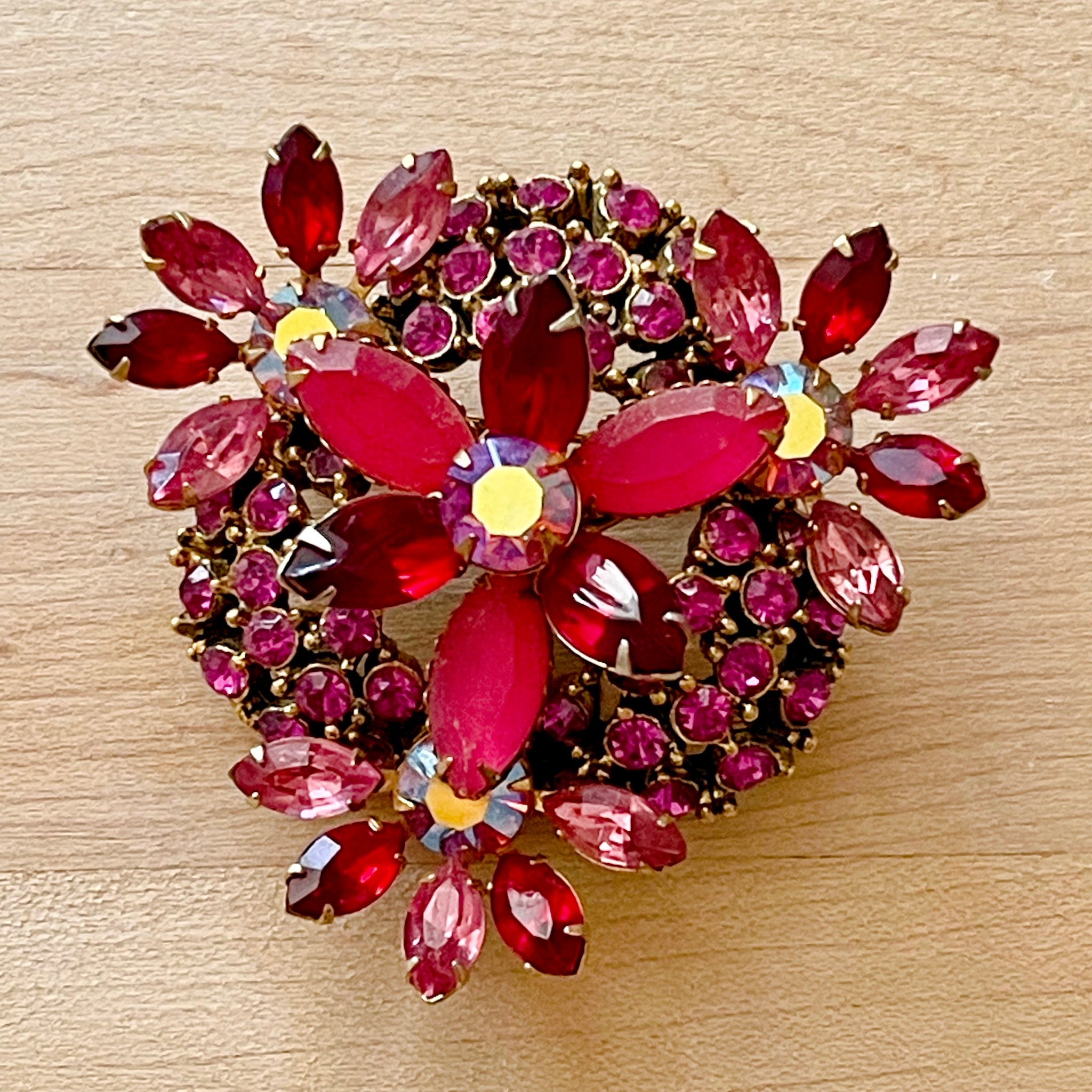 Vintage Fuchsia Pink Ab Red And Pink Rhinestone Flower Brooch