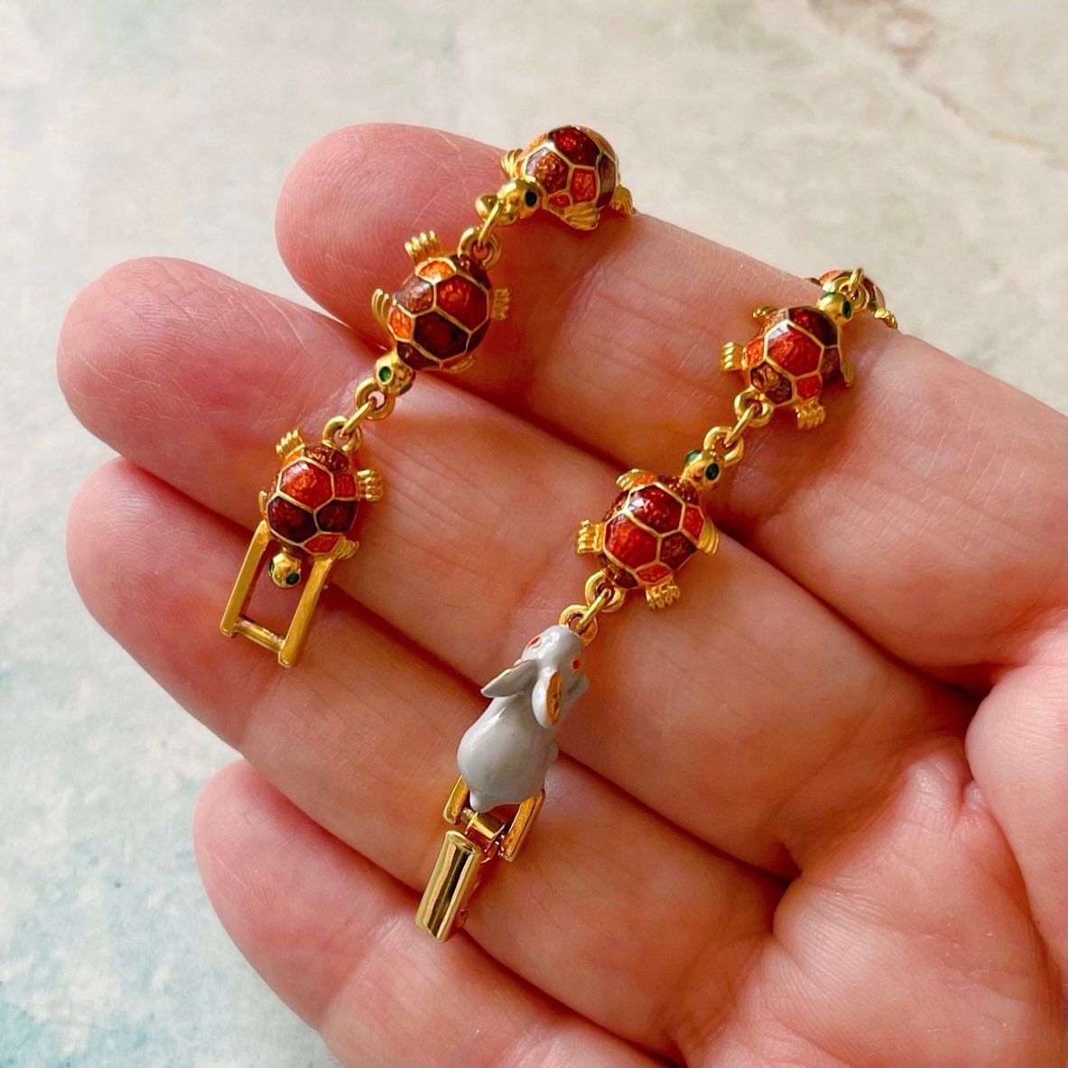 Vintage Joan Rivers Gold Tone Enamel Tortoise and Hare Link Bracelet ...