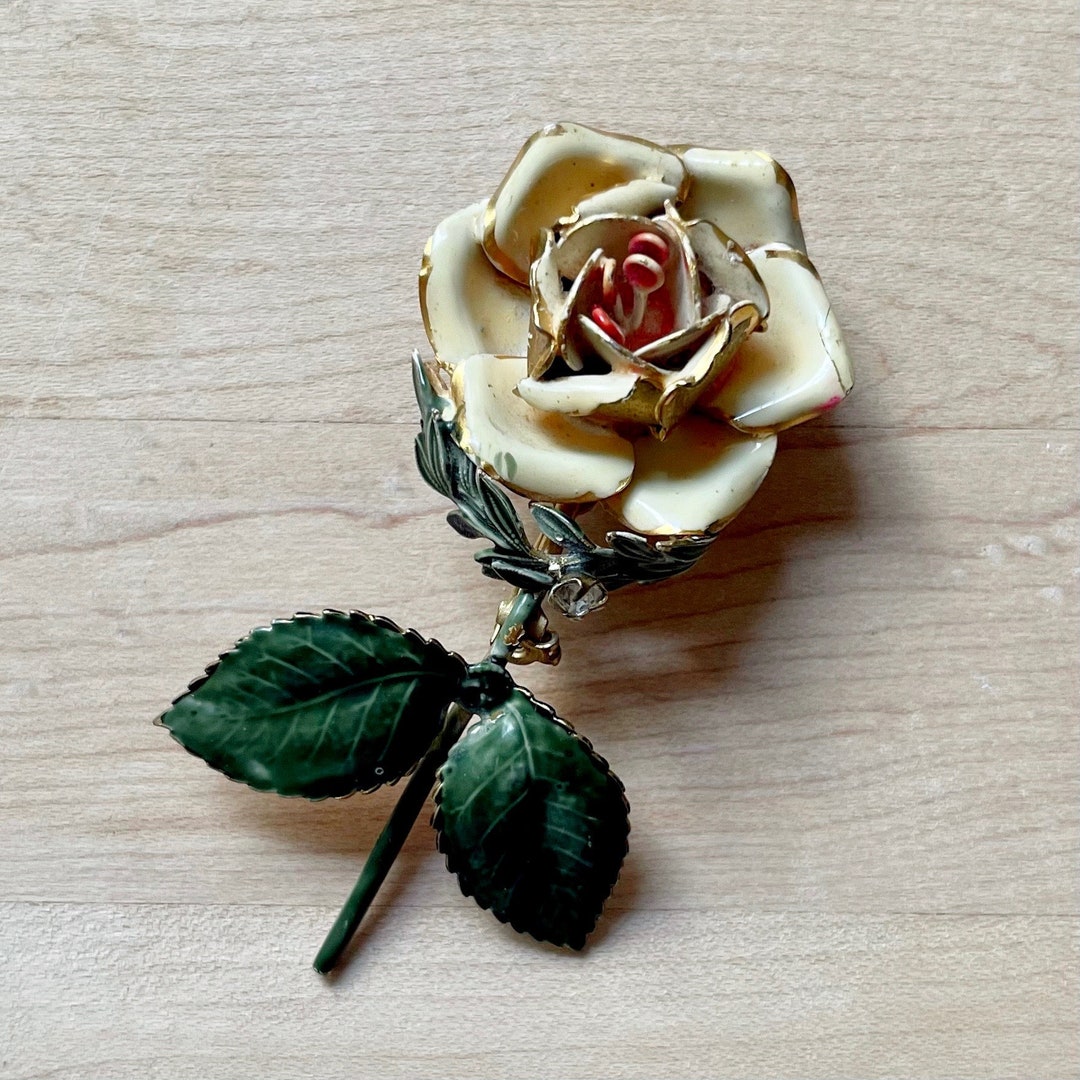 Vintage Sandor Signed Rose Flower Stem Brooch, Blush Enamel Rose Flower ...
