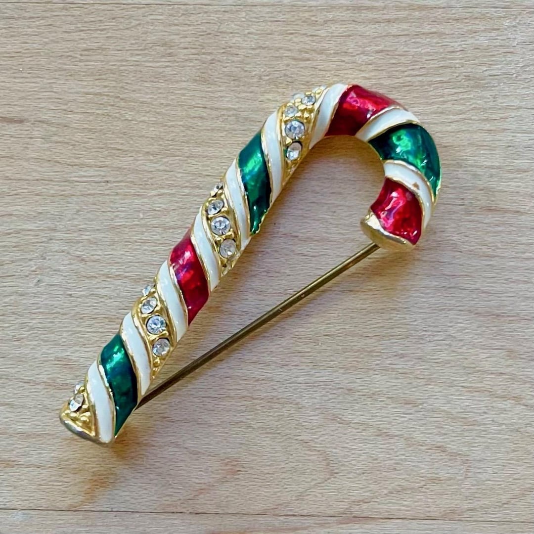 Kitschy Gold Tone Red, White and Green Enamel Candy Cane Brooch ...