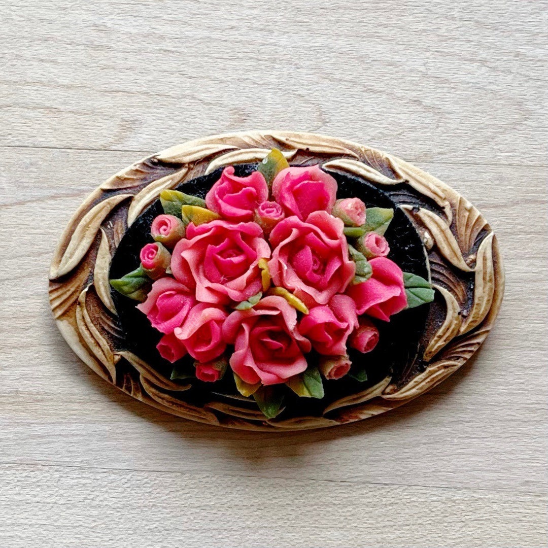 Vintage Carved Wood Pink Porcelain Flower Bouquet Brooch, Porcelain ...