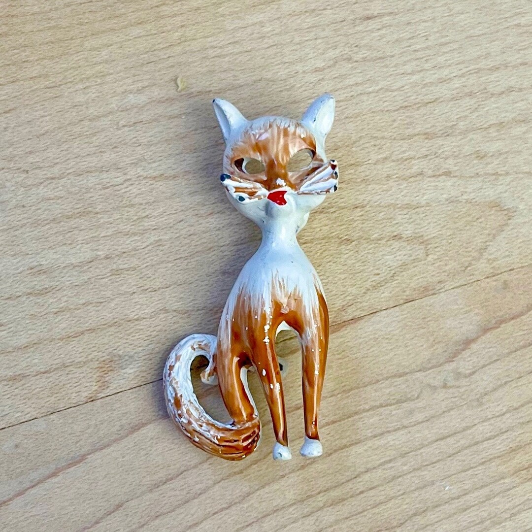 Vintage White and Brown Enamel Cat Brooch, Vintage Cat Brooch, Vintage ...