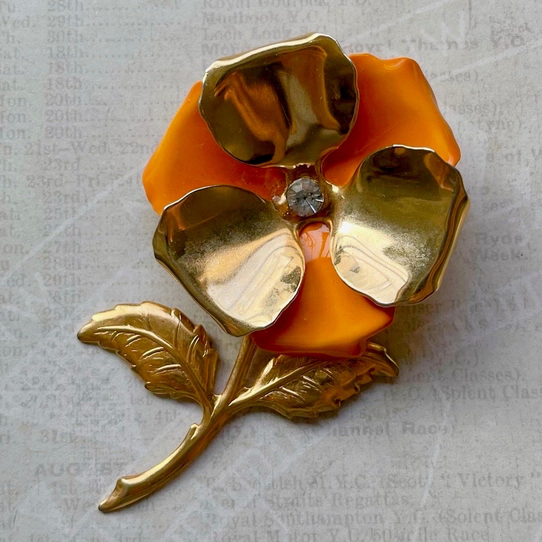 Vintage Orange Enamel Flower Stem Brooch, Orange Enamel Rose Brooch ...