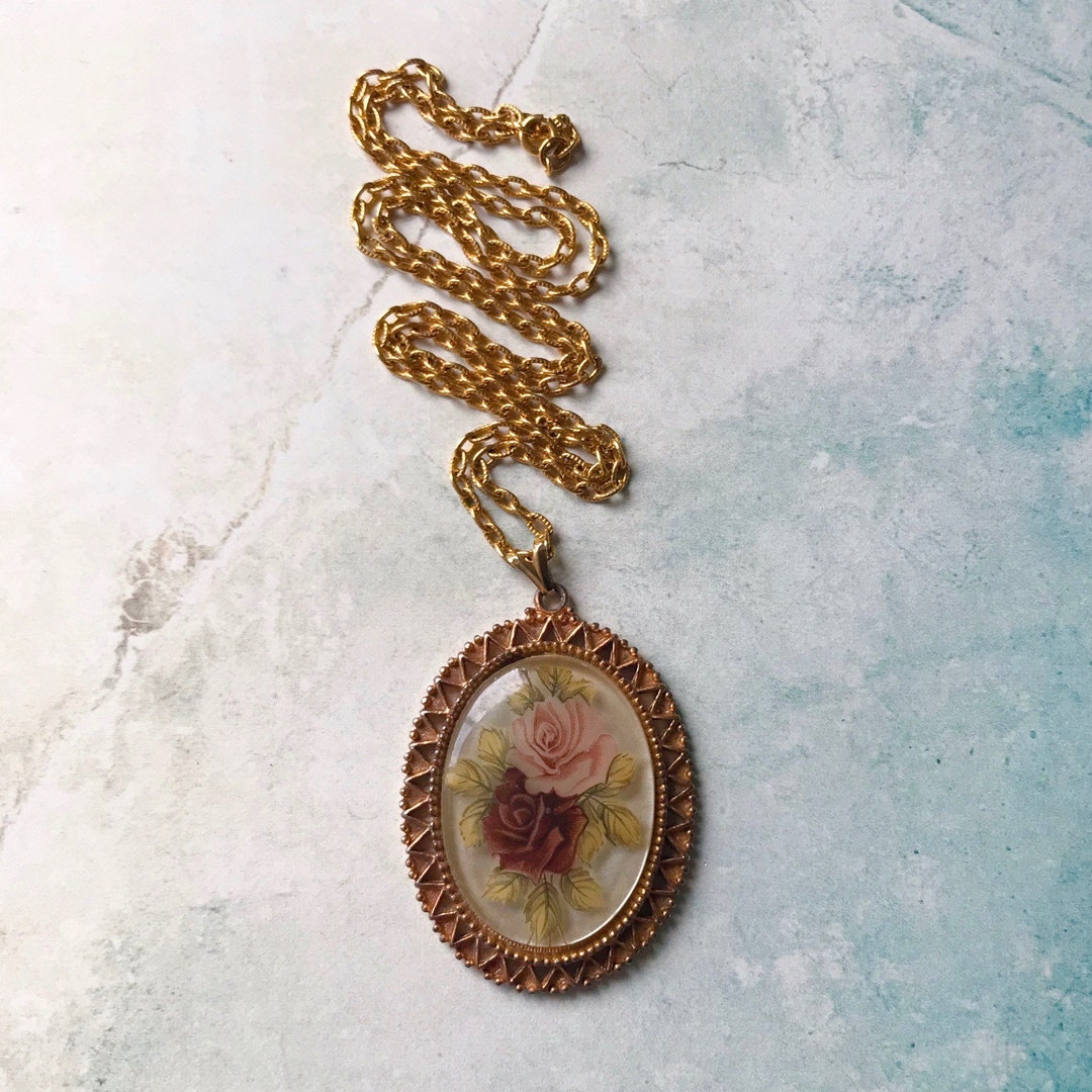 Vintage Gold Tone Flower Cameo Pendant Necklace, 2 Flower Pendant ...