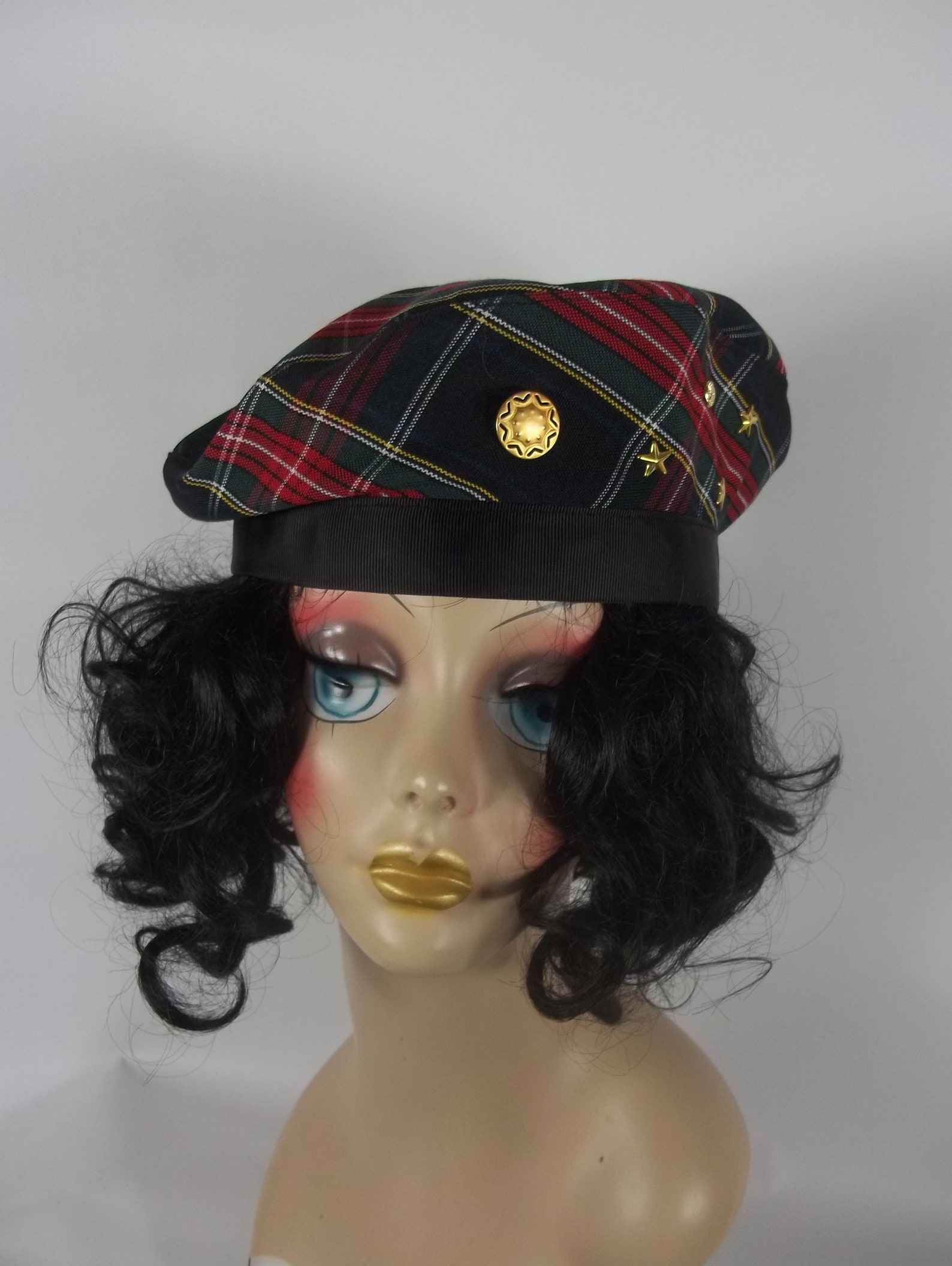 Poly, Tartan Plaid, Black, Red, Beret, Gold Buttons, Designer, Beret ...