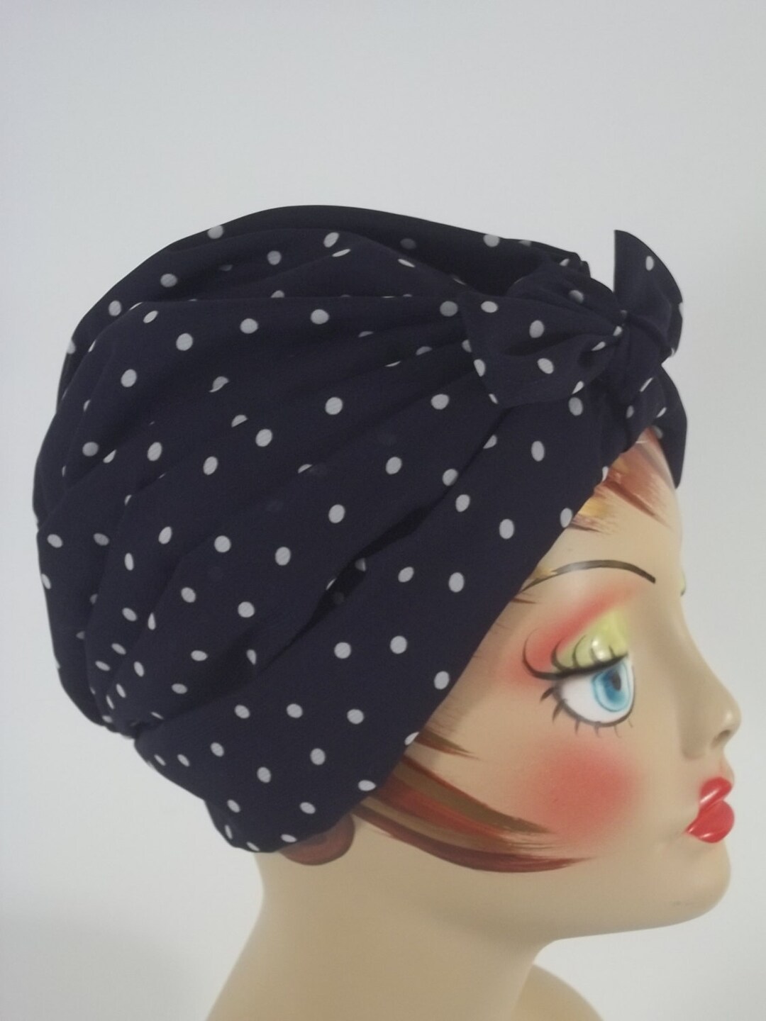 Silky Poly, Fashion, Turban, Navy, Polka Dot, 1950's, Bow, Turban ...