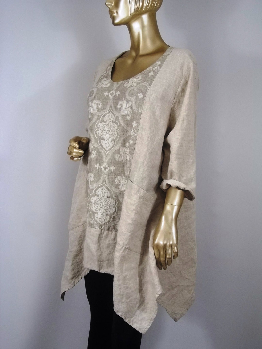 Linen, Flax, Washed, Tunic, Lagenlook, Beige, Plus Size, Tunic, Shabby Chic Tunic, Hankie Hem ...