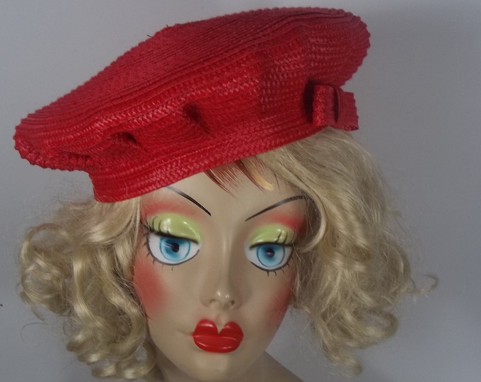 Straw Beret, Red Beret, French Beret, Straw, Bow Beret, Vintage Style ...