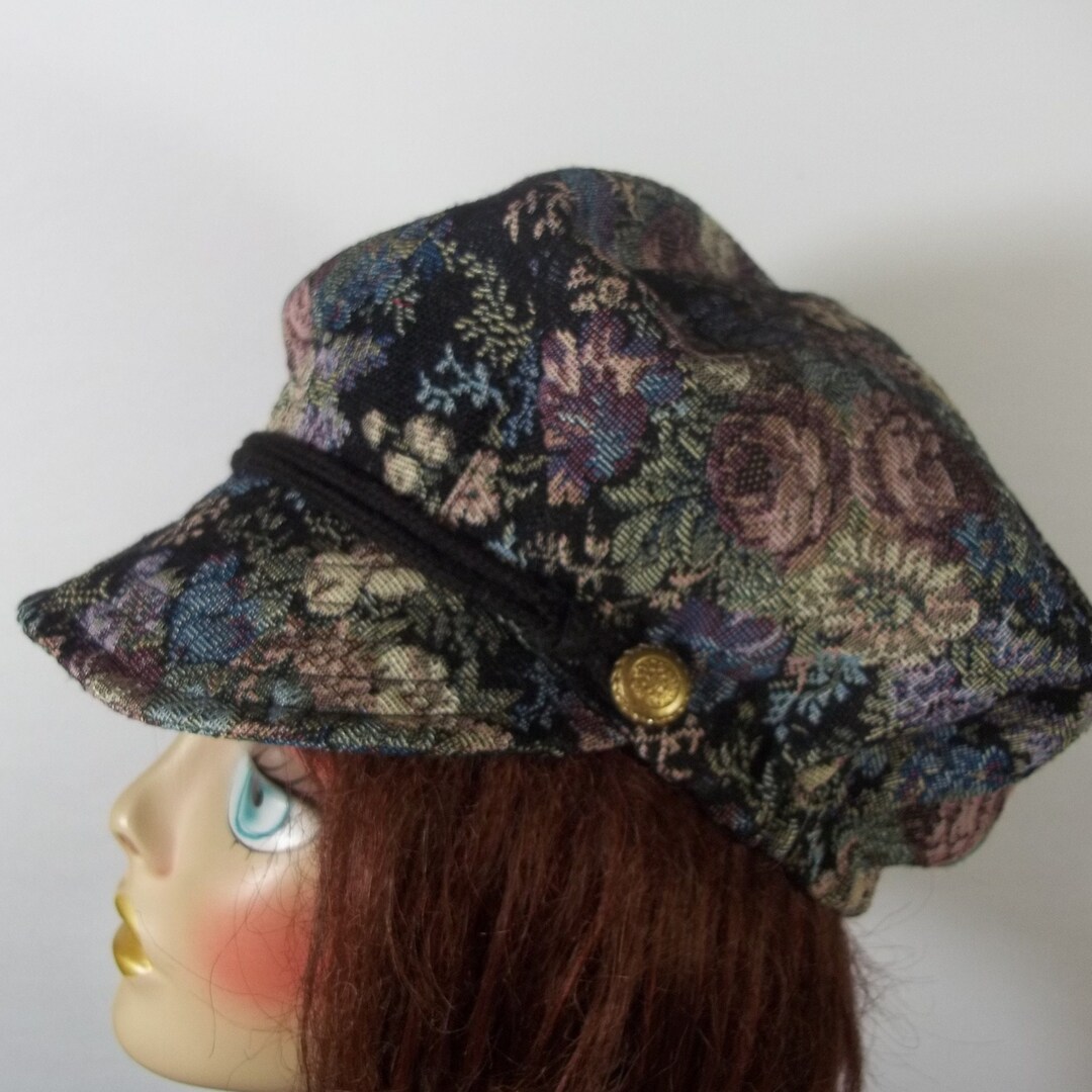 Newsboy Women Cap, Tapestry, Fashion, Hat, Floral, Black, Baker Boy ...