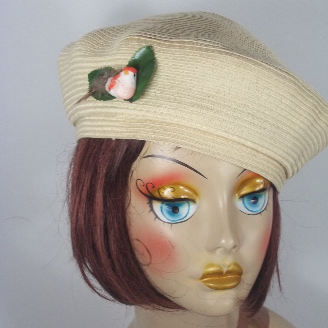 Straw Beret, Bird Brooch Beret, Vintage Style Beret, French Beret ...