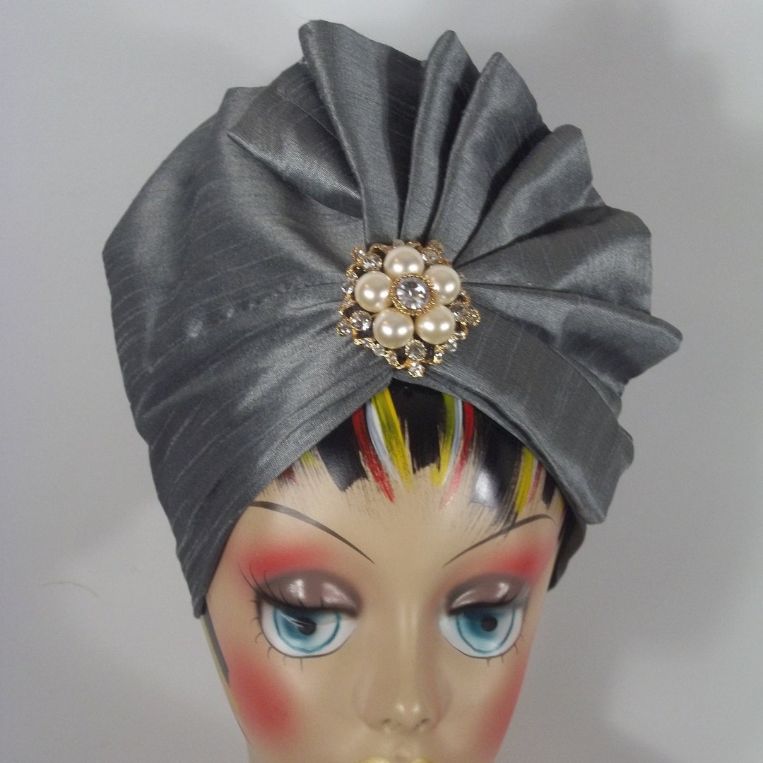 Faux Silk, Tall, High Volume, Turban, Hat, Dressy, Gray, Turban, Church ...