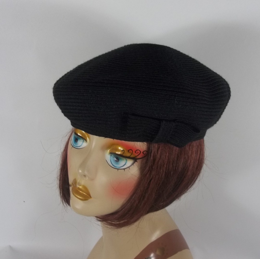 Straw Beret, Black, Bow Beret, French Beret, Straw Hat, Women Beret ...