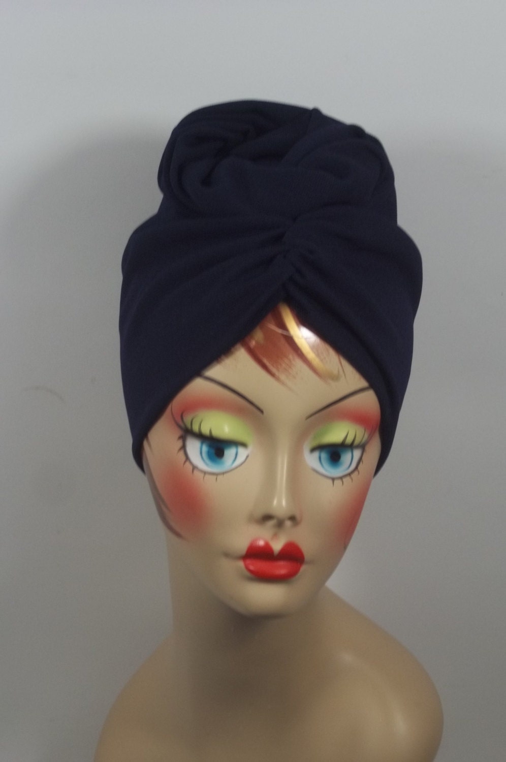 Stretch knit navy blue fashion turban hat top knot | Etsy