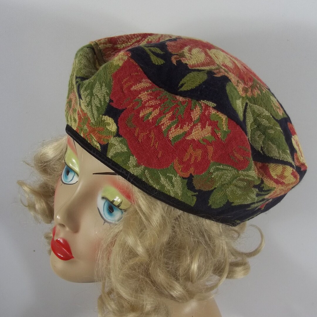 Tapestry, Beret, Navy Blue, Red, Green Floral, Boho, Hat, Fashion ...