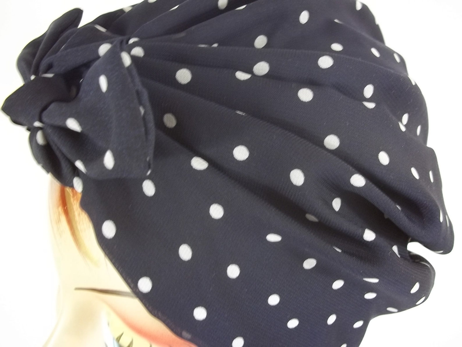 Silky Poly Fashion Turban Navy Polka Dot 1950's Bow | Etsy