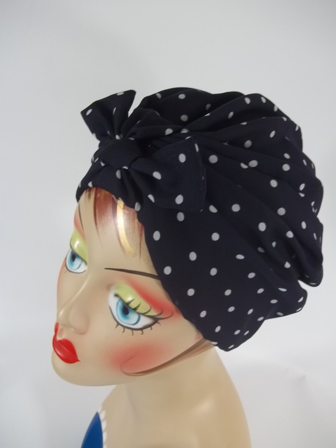 Silky Poly Fashion Turban Navy Polka Dot 1950's Bow | Etsy