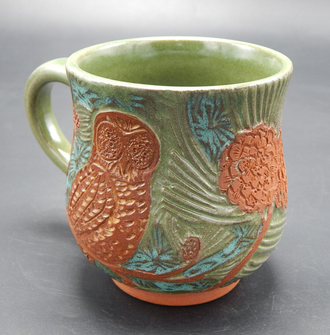 Owl in a Pine Tree - Carved Ceramic Mug - Etsy