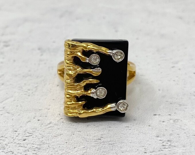 Vintage 1990s Drippy Deco Style 18KT Gold Plated CZ Black Onyx Cocktail ...