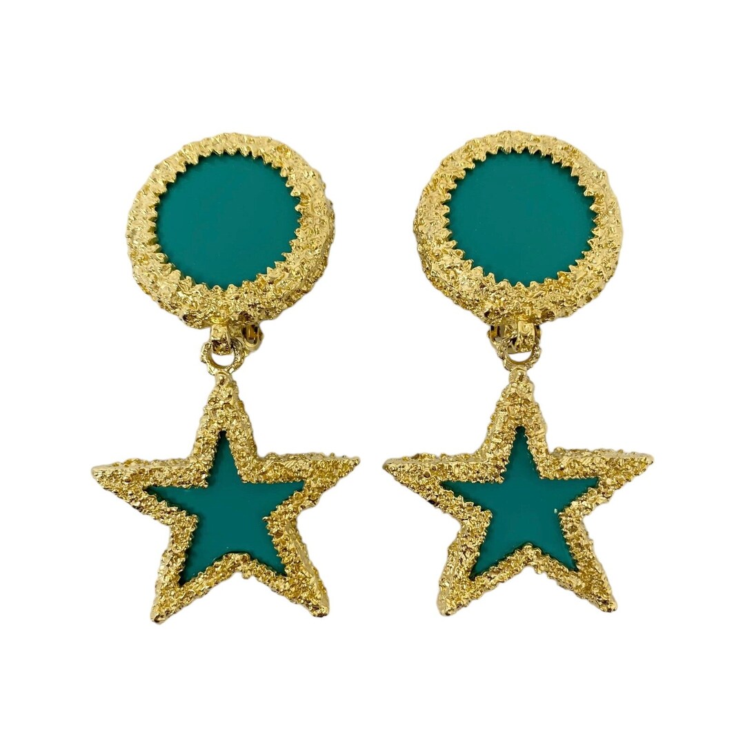 Vintage Teal & Gold Star Dangle Clip on Earrings - Etsy