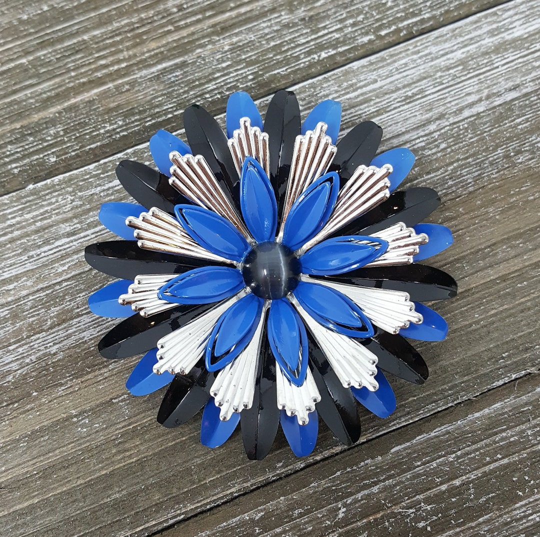 Vintage Enamel Flower Pin, Royal Blue, Black & Silver, Mod Flower Pin ...