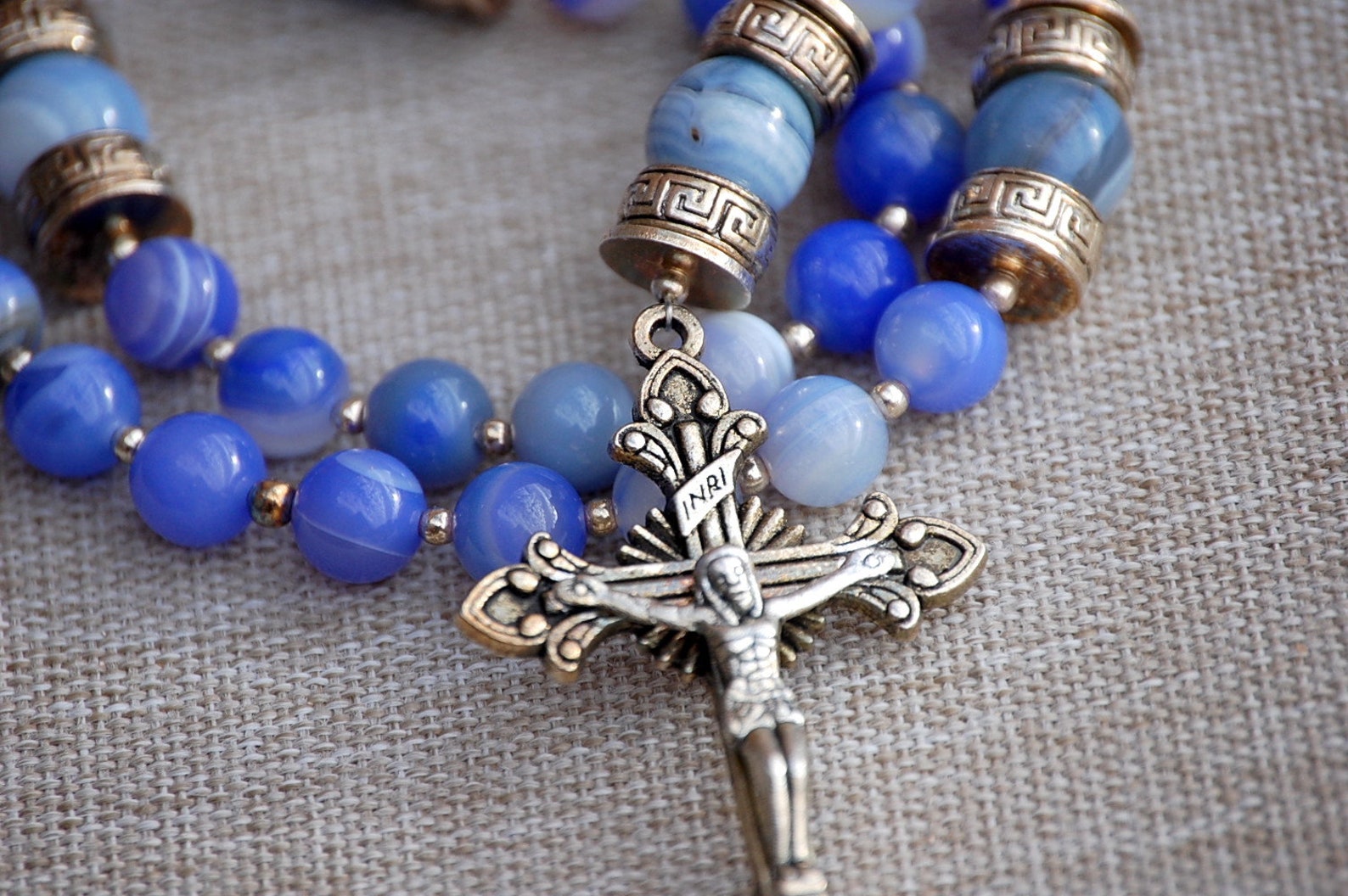 Blue Agate and Silver Rosary - Etsy