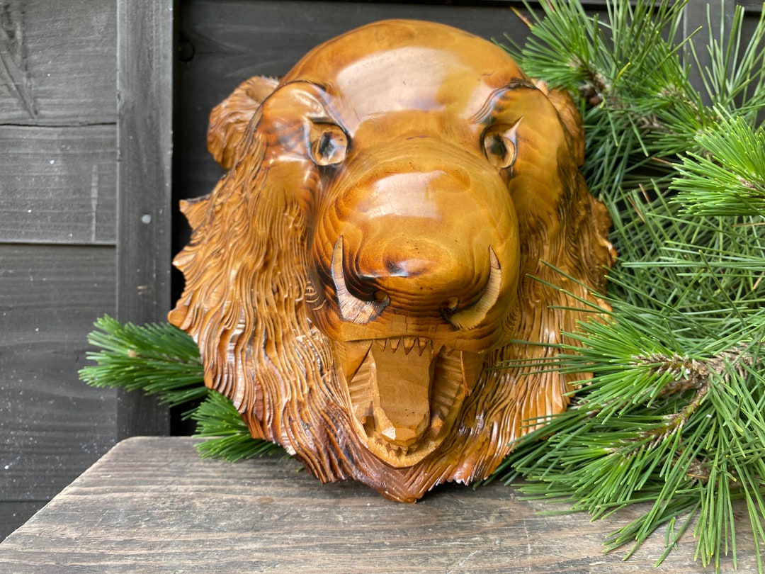 Japanese Kibori Kuma Hand Carved Ainu Bear Face, Bear Hanging Decor ...